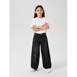 5-Pocket-Jeans name it "NKFROSE f&uuml;r M&auml;dchen mit Destroyed-Effekt und hohem Bund", M&auml;dchen, Gr. 158, N-Gr, schwarz (schwarz denim), Denim/Jeans, Obermaterial: 100% Baumwolle, Abriebeffekte, normal kn&ouml;chellang, Jeans 5-Pocket-Jeans, normal, Denim, Abriebeffekte, Rei&szlig;verschluss