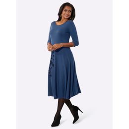 WITT Damen Strickkleid mit samtigem Flockdruck, jeansblau, Gr&ouml;&szlig;e 50