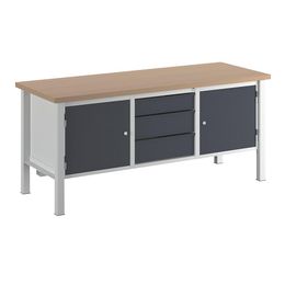 Werkbank, Breite 2000 mm, 3 Schubladen: 1 x 125 / 2 x 175 mm, 2 Türen 475 mm, lichtgrau / anthrazitgrau kaiserkraft