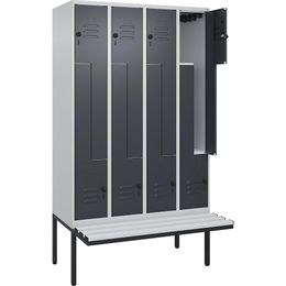 C+P Z-Spind Classic PLUS Sitzbank, 4 Abteile, lichtgrau / grau, B 1200 mm, Sicherheits-Drehriegel, auskragend, Kunststoff