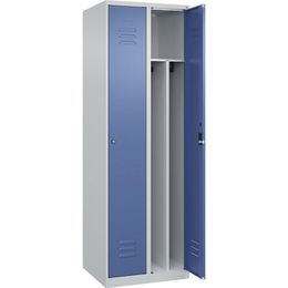 C+P Schwarz-Weiß-Spind Classic PLUS, schmal, 2 Abteile, Trennwand verkürzt, lichtgrau / fernblau, B 600 mm, mit Bodengleitern, Zylinderschloss, Trennwand mittig
