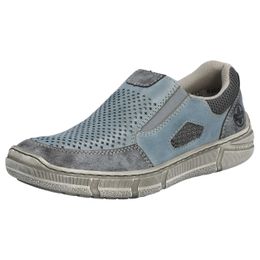 Slipper Rieker, Damen, Gr. 44, blau (blau, grau), Leder, Schuhe Slipper, Halbschuh, Freizeitschuh mit seitlichem Gummizug f&uuml;r guten Sitz