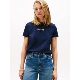 Kurzarmshirt Tommy Hilfiger "CLASSIC SCRIPT REG SS TEE", Damen, Gr. XL (42), blau (schwarz night navy), Single Jersey, Obermaterial: 100% Baumwolle, unifarben, Rundhals, Shirts