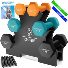 Kesser&reg; Hantel-Set, 3 Paar, 1kg - 5kg, 12kg oder 18kg kurzhanteln mit St&auml;nder Aufbewahrung, Fitnessstudio, Krafttraining, Hantelset rutschfeste Neopren, Mit &Uuml;bungsheft, 2x Fitnessb&auml;nder