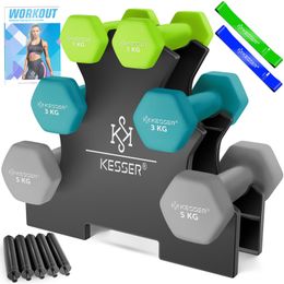 Kesser&reg; Hantel-Set, 3 Paar, 1kg - 5kg, 12kg oder 18kg kurzhanteln mit St&auml;nder Aufbewahrung, Fitnessstudio, Krafttraining, Hantelset rutschfeste Neopren, Mit &Uuml;bungsheft, 2x Fitnessb&auml;nder