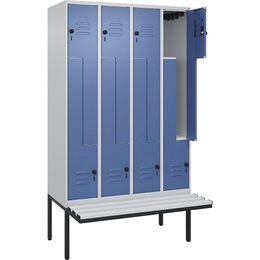 C+P Z-Spind Classic PLUS Sitzbank, 4 Abteile, lichtgrau / fernblau, B 1200 mm, Sicherheits-Drehriegel, auskragend, Kunststoff