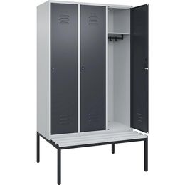C+P Spind Classic PLUS Sitzbank, 3 Abteile, lichtgrau / grau, B 1200 mm, Zylinderschloss, untergebaut, Kunststoff
