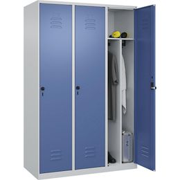 C+P Schwarz-Weiß-Spind Classic PLUS, schmal, 3 Abteile, Trennwand verkürzt, lichtgrau / fernblau, B 1200 mm, mit Bodengleitern, Drehriegel, Trennwand mittig