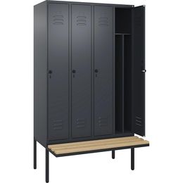 C+P Schwarz-Weiß-Spind Classic PLUS Sitzbank, schmal, 4 Abteile, Trennwand verkürzt, grau, B 1200 mm, Sicherheits-Drehriegel, auskragend, Buche-Hartholz
