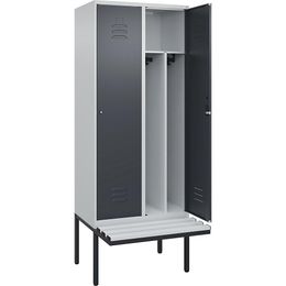 C+P Schwarz-Weiß-Spind Classic PLUS Sitzbank, schmal, 2 Abteile, Trennwand verkürzt, lichtgrau / grau, B 800 mm, Zylinderschloss, auskragend, Kunststoff