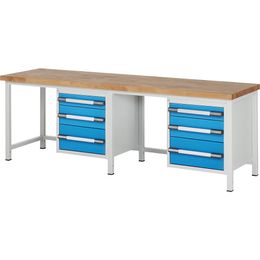 eurokraft pro Werkbank, Gestellbauweise Serie 8000, 6 Schubladen: 2 x 120, 2 x 180, 2 x 240 mm, BxT 3000 x 700 mm
