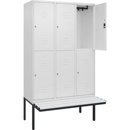 C+P Doppelstock-Spind Classic PLUS Sitzbank, 3 Abteile, verkehrsweiß, B 1200 mm, Zylinderschloss, auskragend, Kunststoff