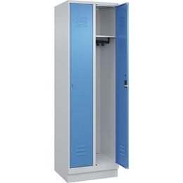 C+P Spind Classic PLUS, 2 Abteile, lichtgrau / lichtblau, B 600 mm, mit Bodensockel, Zylinderschloss