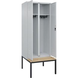 C+P Schwarz-Weiß-Spind Classic PLUS Sitzbank, 1 Abteil, lichtgrau, B 800 mm, Zylinderschloss, untergebaut, Buche-Hartholz