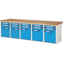 eurokraft pro Werkbank, Baukastensystem Serie 7000, 10 Schubladen, 5 Türen, Tiefe 900 mm, Breite 3000 mm