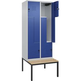 C+P Z-Spind Classic PLUS Sitzbank, 2 Abteile, lichtgrau / enzianblau, B 800 mm, Sicherheits-Drehriegel, untergebaut, Buche-Hartholz