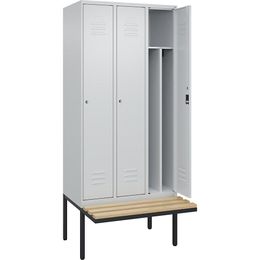 C+P Schwarz-Weiß-Spind Classic PLUS Sitzbank, schmal, 3 Abteile, Trennwand verkürzt, lichtgrau, B 900 mm, Zylinderschloss, auskragend, Buche-Hartholz