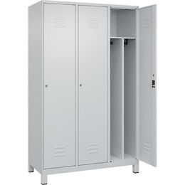 C+P Schwarz-Weiß-Spind Classic PLUS, schmal, 3 Abteile, Trennwand verkürzt, lichtgrau, B 1200 mm, mit Füßen, Zylinderschloss, Trennwand mittig