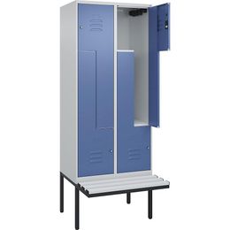 C+P Z-Spind Classic PLUS Sitzbank, 2 Abteile, lichtgrau / fernblau, B 800 mm, Zylinderschloss, auskragend, Kunststoff