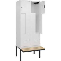 C+P Z-Spind Classic PLUS Sitzbank, 2 Abteile, verkehrsweiß, B 800 mm, Zylinderschloss, auskragend, Buche-Hartholz
