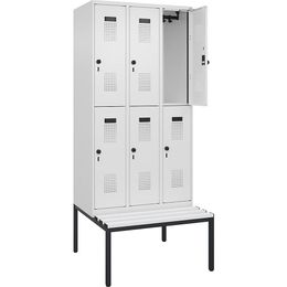 Doppelstock-Spind Evolo PLUS Sitzbank, 3 Abteile, weiß, B 900 mm, Sicherheits-Drehriegel, mit untergebauter Sitzbank, Kunststoff kaiserkraft