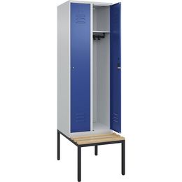 C+P Spind Classic PLUS Sitzbank, 2 Abteile, lichtgrau / enzianblau, B 600 mm, Zylinderschloss, untergebaut, Buche-Hartholz