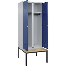 C+P Schwarz-Weiß-Spind Classic PLUS Sitzbank, 1 Abteil, lichtgrau / enzianblau, B 800 mm, Zylinderschloss, untergebaut, Buche-Hartholz
