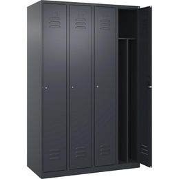 C+P Schwarz-Weiß-Spind Classic PLUS, schmal, 4 Abteile, Trennwand verkürzt, grau, B 1200 mm, mit Bodengleitern, Zylinderschloss, Trennwand mittig