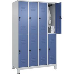 C+P Doppelstock-Spind Classic PLUS, 4 Abteile, lichtgrau / fernblau, HxB 1950 x 1200 mm, mit Füßen, Drehriegel