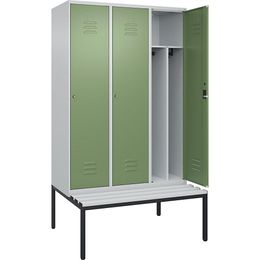 C+P Schwarz-Weiß-Spind Classic PLUS Sitzbank, schmal, 3 Abteile, Trennwand verkürzt, lichtgrau / resedagrün, B 1200 mm, Zylinderschloss, untergebaut, Kunststoff