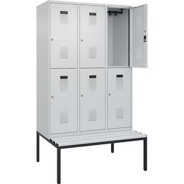 Doppelstock-Spind Evolo PLUS Sitzbank, 3 Abteile, lichtgrau / lichtgrau, B 1200 mm, Zylinderschloss, mit untergebauter Sitzbank, Kunststoff kaiserkraft