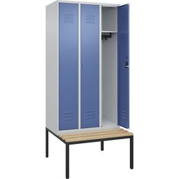 C+P Spind Classic PLUS Sitzbank, 3 Abteile, lichtgrau / fernblau, B 900 mm, Zylinderschloss, untergebaut, Buche-Hartholz