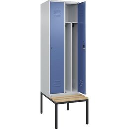C+P Schwarz-Weiß-Spind Classic PLUS Sitzbank, schmal, 2 Abteile, Trennwand verkürzt, lichtgrau / fernblau, B 600 mm, Zylinderschloss, untergebaut, Buche-Hartholz