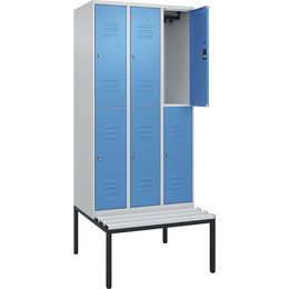 C+P Doppelstock-Spind Classic PLUS Sitzbank, 3 Abteile, lichtgrau / lichtblau, B 900 mm, Zylinderschloss, untergebaut, Kunststoff