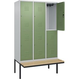 C+P Doppelstock-Spind Classic PLUS Sitzbank, 3 Abteile, lichtgrau / resedagrün, B 1200 mm, Zylinderschloss, auskragend, Buche-Hartholz