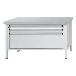 ANKE Werkbank mit XL/XXL-Schubladen, Gestellbauweise, Breite 1500 mm, 3 Schubladen, Stahlblechbelagplatte, Front lichtgrau