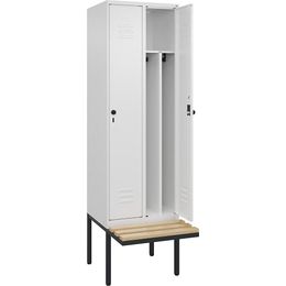C+P Schwarz-Weiß-Spind Classic PLUS Sitzbank, schmal, 2 Abteile, Trennwand verkürzt, verkehrsweiß, B 600 mm, Sicherheits-Drehriegel, auskragend, Buche-Hartholz