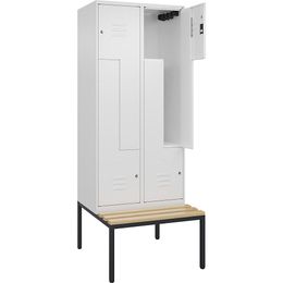 C+P Z-Spind Classic PLUS Sitzbank, 2 Abteile, verkehrsweiß, B 800 mm, Zylinderschloss, untergebaut, Buche-Hartholz