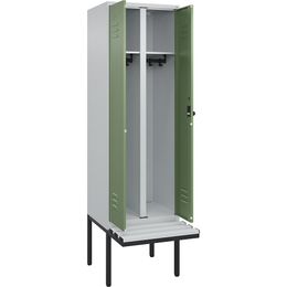 C+P Schwarz-Weiß-Spind Classic PLUS Sitzbank, 1 Abteil, lichtgrau / resedagrün, B 600 mm, Sicherheits-Drehriegel, auskragend, Kunststoff