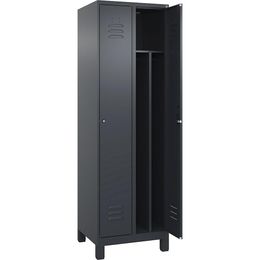 C+P Schwarz-Weiß-Spind Classic PLUS, schmal, 2 Abteile, Trennwand verkürzt, grau, B 600 mm, mit Füßen, Zylinderschloss, Trennwand mittig
