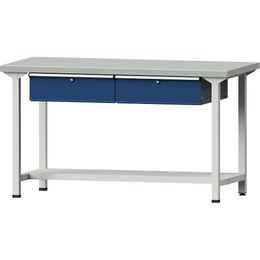 ANKE Werkbank, Gestellbauweise Serie V, 2 Schubladen, 1 Ablageboden, Breite 1500 mm, Stahlblechbelagplatte