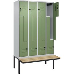 C+P Z-Spind Classic PLUS Sitzbank, 4 Abteile, lichtgrau / resedagrün, B 1200 mm, Sicherheits-Drehriegel, auskragend, Buche-Hartholz