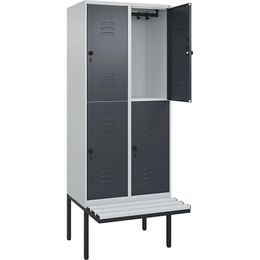 C+P Doppelstock-Spind Classic PLUS Sitzbank, 2 Abteile, lichtgrau / grau, B 800 mm, Sicherheits-Drehriegel, auskragend, Kunststoff