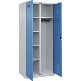 Putzmittelspind Evolo PLUS, 1 Abteil, Trennwand mittig, lichtgrau / lichtblau, B 800 mm, mit Bodengleitern, Zylinderschloss kaiserkraft