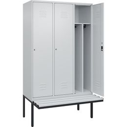 C+P Schwarz-Weiß-Spind Classic PLUS Sitzbank, schmal, 3 Abteile, Trennwand verkürzt, lichtgrau, B 1200 mm, Zylinderschloss, auskragend, Kunststoff