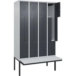 C+P Z-Spind Classic PLUS Sitzbank, 4 Abteile, lichtgrau / grau, B 1200 mm, Zylinderschloss, auskragend, Kunststoff