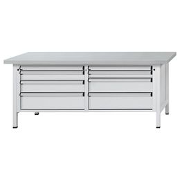 ANKE Werkbank mit XL/XXL-Schubladen, Gestellbauweise, Breite 2000 mm, 8 Schubladen, Stahlblechbelagplatte, Front lichtgrau