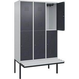 C+P Doppelstock-Spind Classic PLUS Sitzbank, 3 Abteile, lichtgrau / grau, B 1200 mm, Zylinderschloss, auskragend, Kunststoff