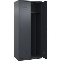 C+P Schwarz-Weiß-Spind Classic PLUS, schmal, 2 Abteile, Trennwand verkürzt, grau, B 800 mm, mit Bodengleitern, Zylinderschloss, Trennwand mittig