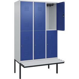C+P Doppelstock-Spind Classic PLUS Sitzbank, 3 Abteile, lichtgrau / enzianblau, B 1200 mm, Zylinderschloss, auskragend, Kunststoff